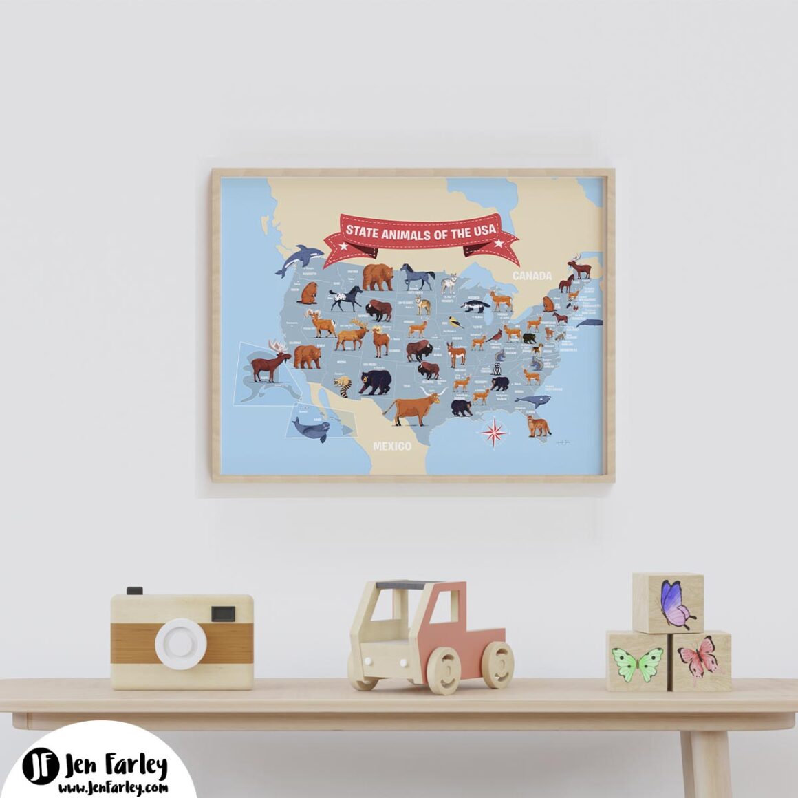 State Animals Of The USA Map Print - Blue Version | Jennifer Farley ...