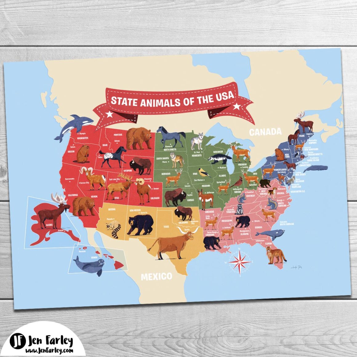 State Animals Of The USA Map Print - Colour Version | Jennifer Farley ...
